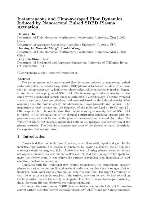 Pdf Instantaneous And Time Averaged Flow Dynamics Induced By Nanosecond Pulsed Sdbd Plasma