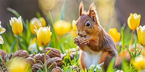 Adorable Squirrel Eating Nut In Abundance Of Nuts Background Squirrel Cute Nut Background
