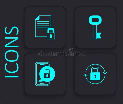 Set Lock Document And Lock Old Key And Mobile With Closed Padlock Icon Black Square Button