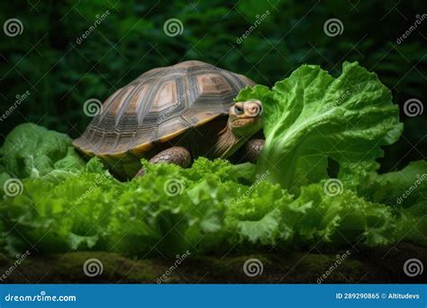 Tortoise With Lettuce In A Green Grassy Environment Stock Image Image