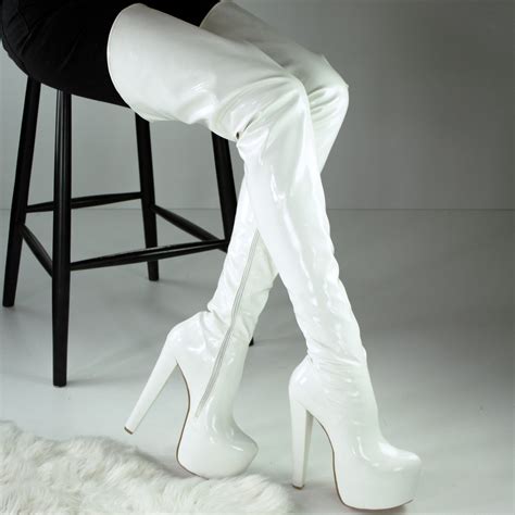 White Extra Long Black Gloss Stretch Thigh High Boots Tajna Shoes