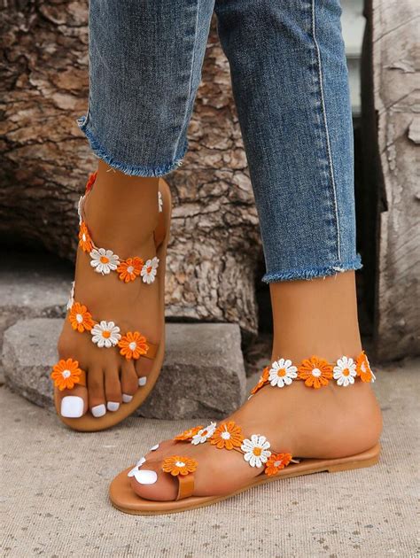Womens Plus Size Floral Decor Toe Ring Flat Sandals Shein Uk