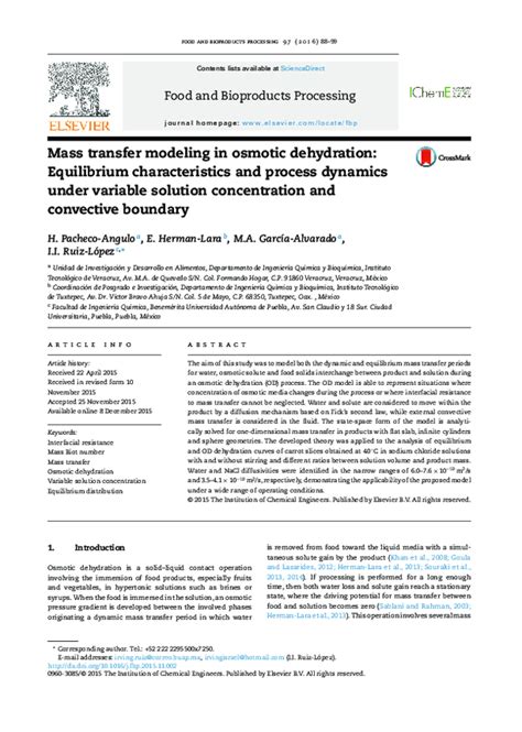 Pdf Mass Transfer Modeling In Osmotic Dehydration Equilibrium Characteristics And Process