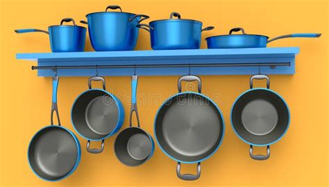 Set Of Stewpot Frying Pan And Chrome Plated Cookware Hanging On Shelf