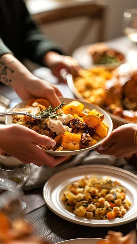 Close Up Of Hands Passing Dishes At A Festive Thanksgiving Table Loaded With Food Concept Of