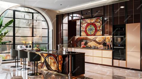 A Kitchen With A Stained Glass Window And A Table With Chairs And A Large Stained Glass Window
