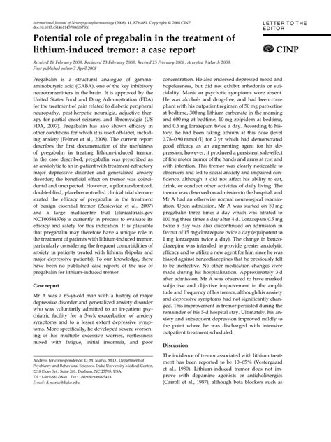Pdf Potential Role Of Pregabalin In The Treatment Of Lithium Induced Tremor A Case Report