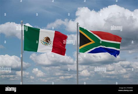Republic Of South Africa And Mexico Flags Waving Together In The Wind