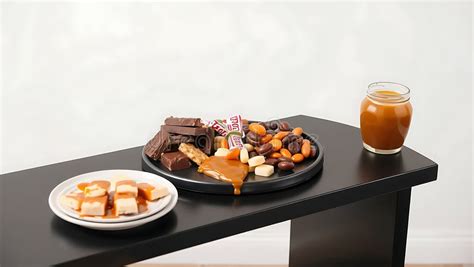 A Modern Black Table With A Platter Of Assorted Candy Bars And Caramel