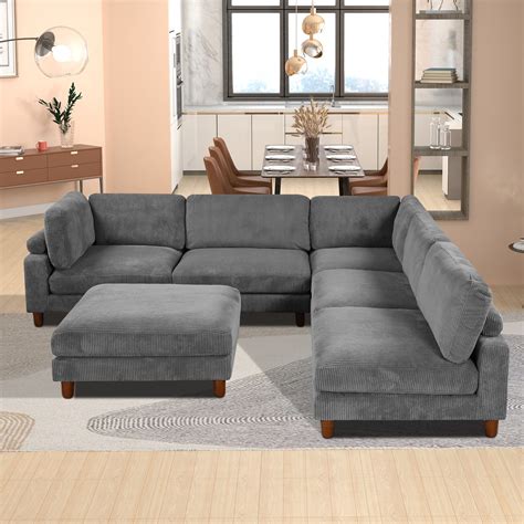 Mercer41 Corduroy Reversible Corner Sofa And Chaise6 Piece Modular