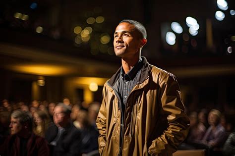 Premium Ai Image Confident Presenter Dominates The Stage Public Involved Generative Ia