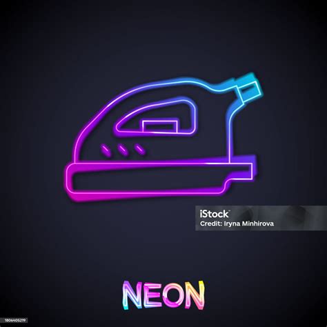 검은 색 배경에 고립 된 빛나는 네온 라인 전기 철 아이콘 스팀 아이언 벡터 가사 집안일에 대한 스톡 벡터 아트 및 기타 이미지