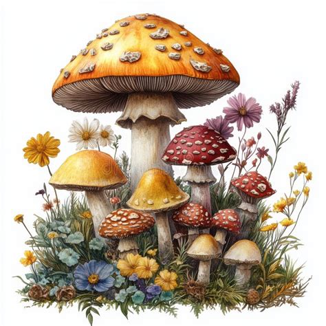 Vintage Watercolor Mushrooms And Wildflowers Isolated On White