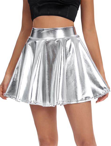 Urban Coco Womens Shiny Flared Pleated Mini Skater Skirt M Silver