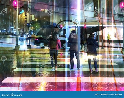 Rainy City Street Vitrines Reflection On Buildings Windows Glass People