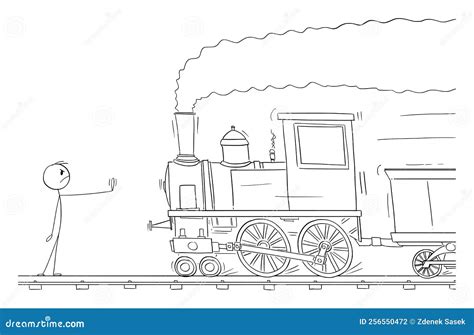 Confident Person Trying To Stop The Train Vector Cartoon Stick Figure