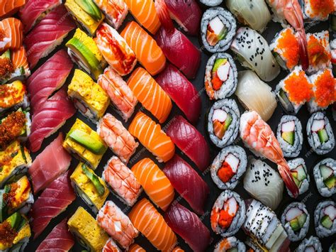 Premium Photo Top View Of A Colorful Sushi Platter Featuring An