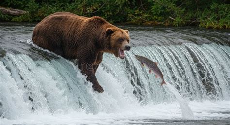 Brown Bear Catching Salmon At Waterfall Stock Illustration