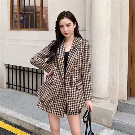 Two Piece Houndstooth Tweed Set Womens Vintage French Style Jacket