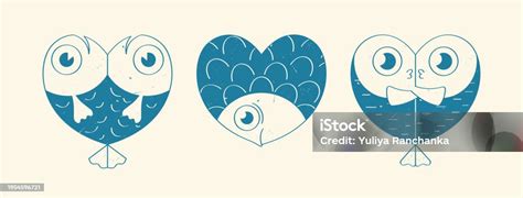 그래픽 디자인 요소 집합입니다 귀여운 만화 물고기가 하트 모양으로 그려져 있습니다 벡터 일러스트 레이 션 에서 2 색 물고기에 대한 스톡 벡터 아트 및 기타 이미지 Istock