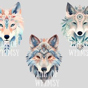 Watercolour Boho Tribal Wolf Clipart Pastel Wolves Graphic Png Digital