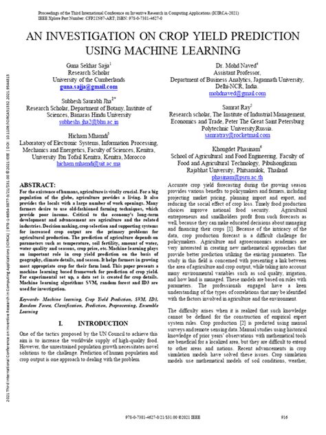 An Investigation On Crop Yield Prediction Using Machine Learning Pdf