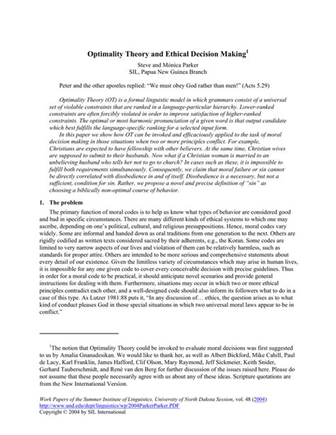 Optimality Theory And Ethical Decision Making