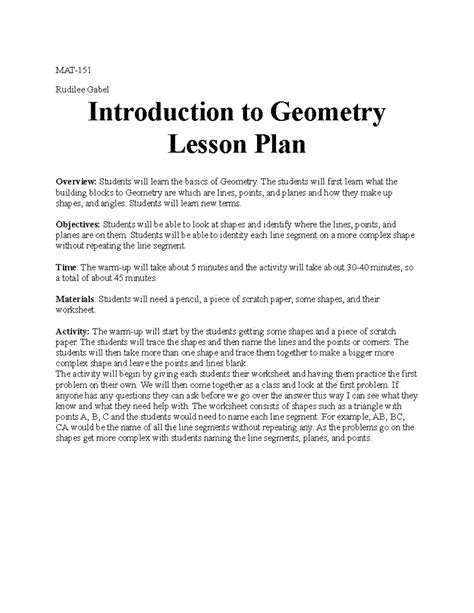 Lesson Plan On Intro To Geometry Mat Rudilee Gabel Introduction To