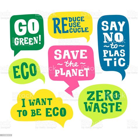 환경에 대한 따옴표로 설정된 음성 거품입니다 생태 스티커 항의 성명 슬로건 녹색 에코 제로 폐기물 지구를 저장 Reduse