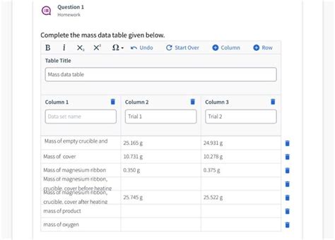 Solved Question 1 Homework Start Over Column Row Complete