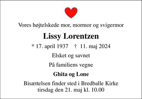 Lissy Lorentzen Dødsannoncer I Danmark
