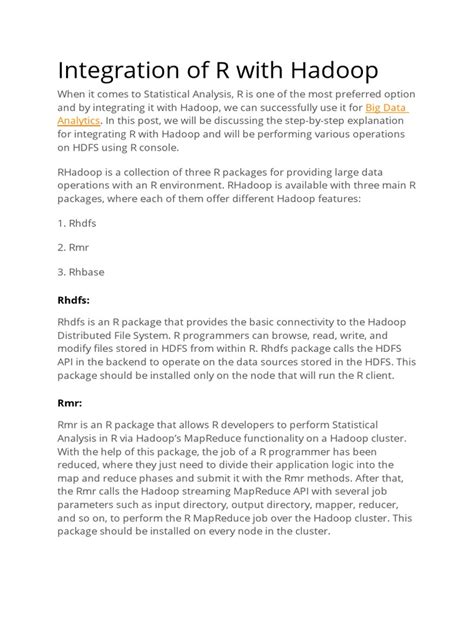 Integration Of R With Hadoop Pdf Apache Hadoop Map Reduce