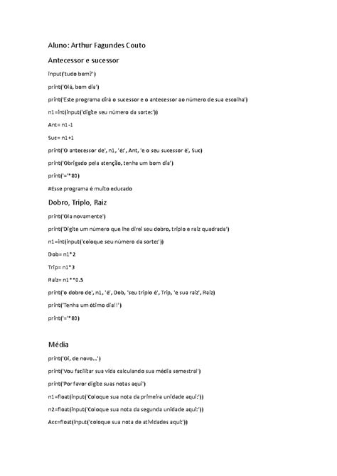 Atividades Python Atividade Da Matéria Aluno Arthur Fagundes Couto Antecessor E Sucessor