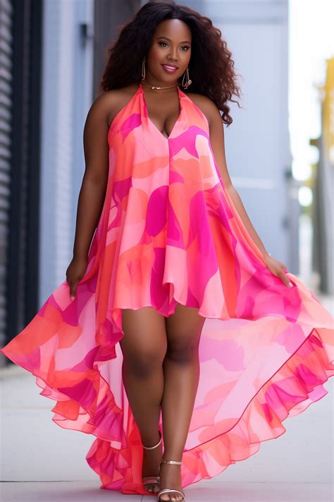 Xpluswear Design Plus Size Vacation Pink Sundress Floral Halter Collar
