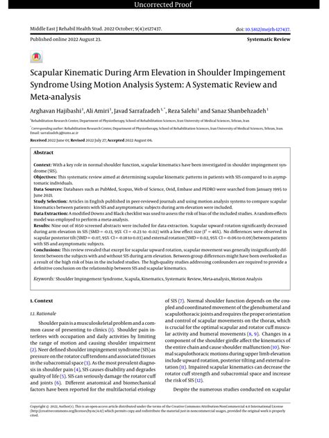 Pdf Scapular Kinematic During Arm Elevation In Shoulder Impingement
