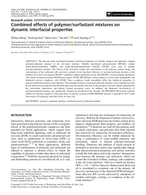 Pdf Combined Effects Of Polymer Surfactant Mixtures On Dynamic Interfacial Properties