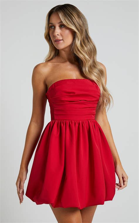 Shaima Mini Dress Strapless Bubble Hem Dress In Red Red Hoco Dress