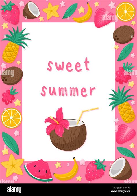 Sweet Summer A Rectangular Postcard With Text And Bright Summer Fruits Sweets And Coconut