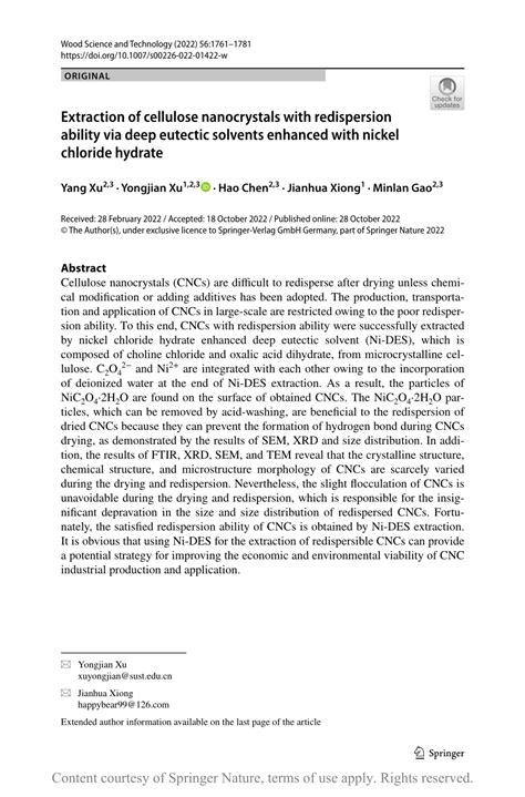 Extraction Of Cellulose Nanocrystals With Redispersion Ability Via Deep