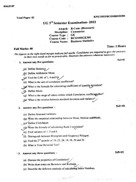 Bcom 3 Sem Hons Commerce Business Statistics Bcomhge301 2022 Pdf