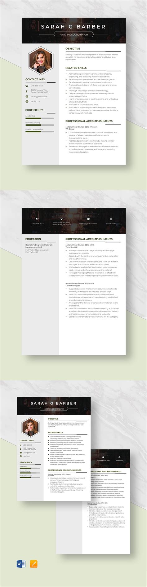 Material Coordinator Resume Template Word Apple Pages