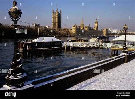 Snow Landscape Houses Of Parliament Big Ben River Thames Piers And