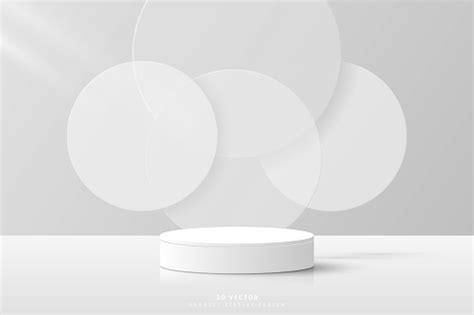 추상적인 현대 흰색 3d 실린더 연단 받침대 또는 제품 디스플레이 스탠드는 원형 유리가 겹치고 공중에 떠 있습니다 쇼 화장품