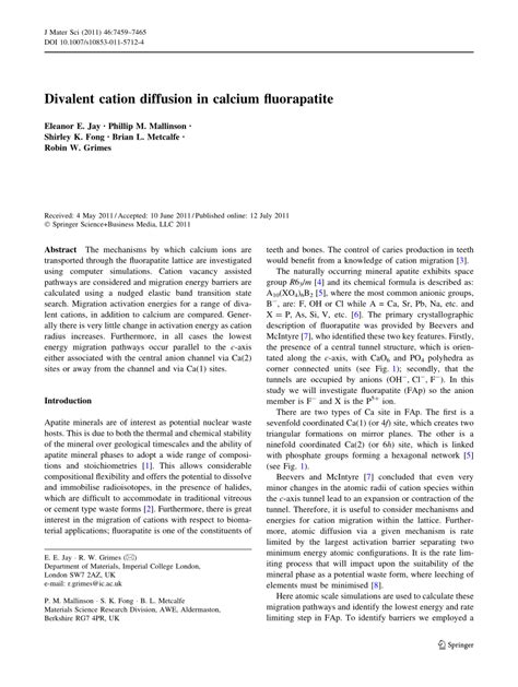 Pdf Divalent Cation Diffusion In Calcium Fluorapatite