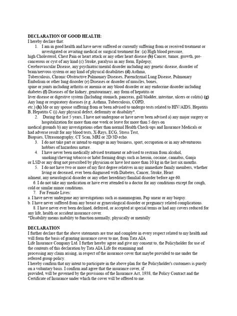 Declaration Of Good Health Pdf Insurance Lung