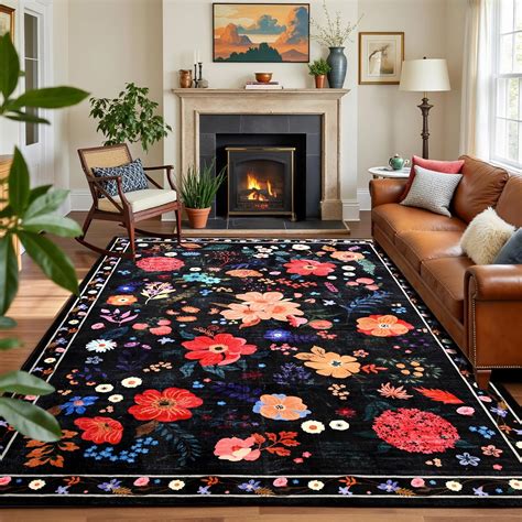Macgace Black Floral Rug For Girls Bedroom 4x6 Machine