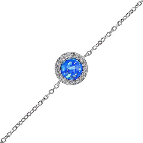Rhodium Plated Sterling Silver Blue Round Created Opal And Cz Bracelet