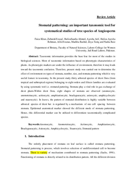 Pdf Stomatal Patterning An Important Taxonomic Tool For Systematical