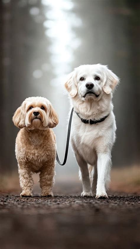 Golden Retriever And Cockapoo Walking Together On Forest Path Stock