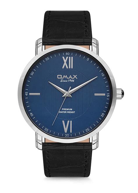 Omax Blue Dial Silver Case Black Leather Strap Watch For Men Gu03p42i